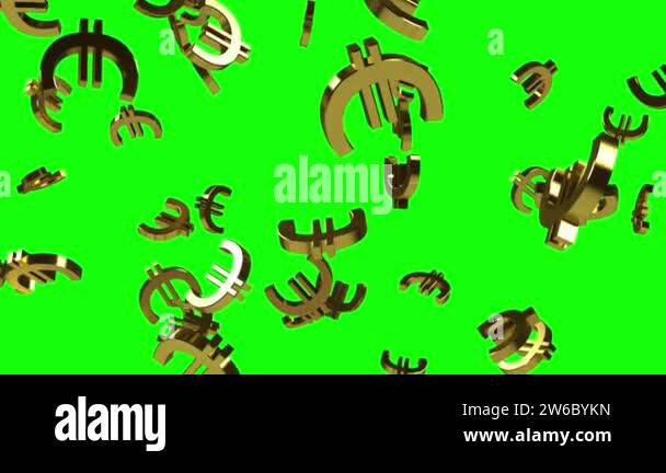 Falling gold Euro signs on a solid green screen background. 3D loop ...