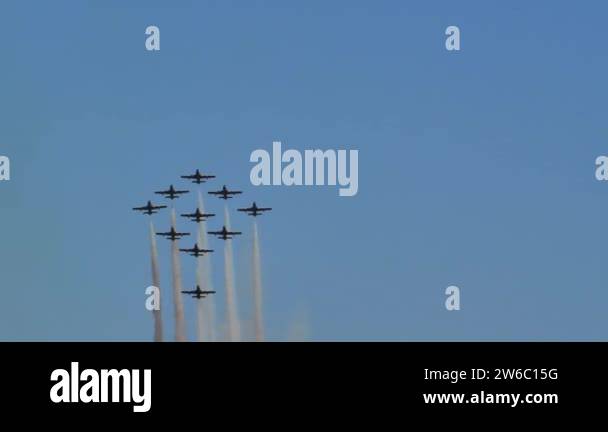 Formation of military aerobatic planes climbs vertically and divides ...