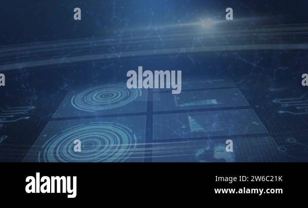 Animation of qr code data scanning and processing over blue grid with scopes scanning and ...