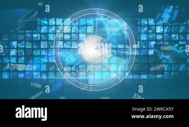Animation of circular scope and rising numbers with composite screens behind. communication ...