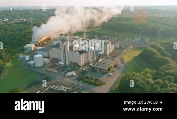 Thermal power station at smoke steam huge distillation tower Stock ...