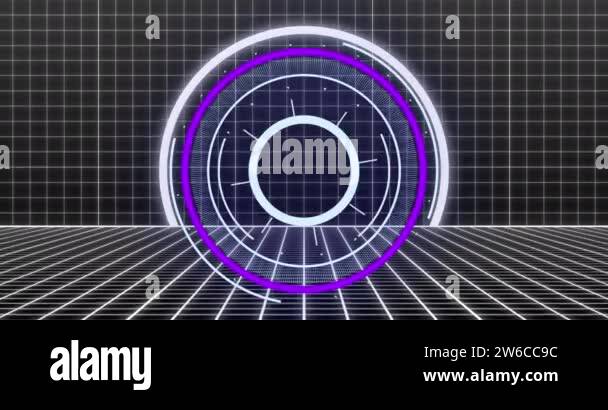 Animation of digital interface showing circular scope scanning with white grid moving on black ...