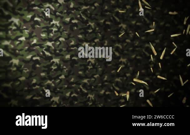 Flying many ammunition bullets on green camouflage background. Military ...