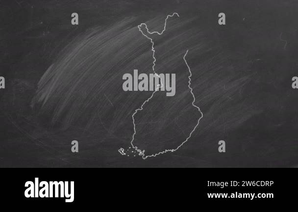 Country map and flag of Finland drawing with chalk on a blackboard. 4K ...