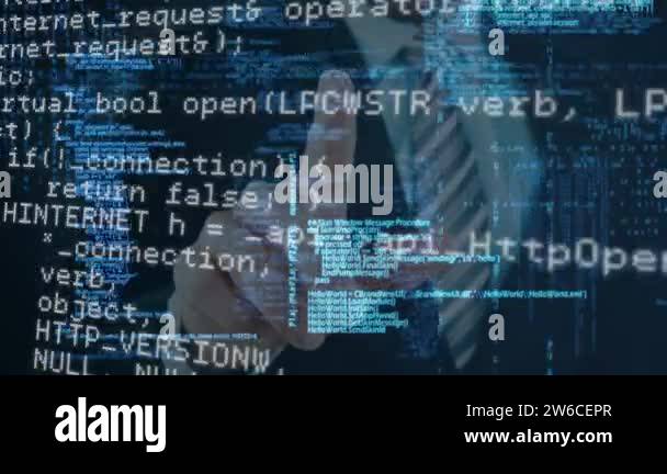 Animation of data processing over businessman touching interactive screen. global technology ...