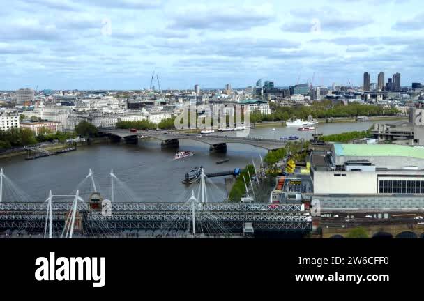 London city centre. High angle river Thames with Golden Jubilee bridge ...