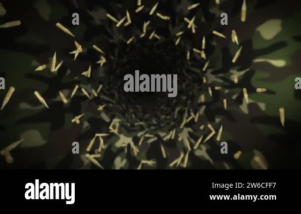Flying many ammunition bullets on green camouflage background. Military ...