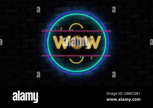 Digital animation of neon wow text against black background. computer interface and video game ...