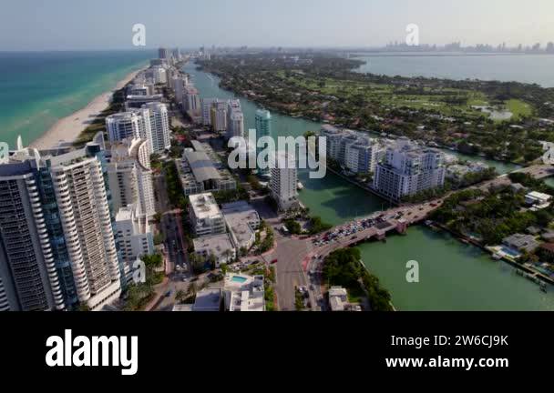 Miami Beach Indian Creek 63rd Street draw bridge 5k aerial video Stock ...
