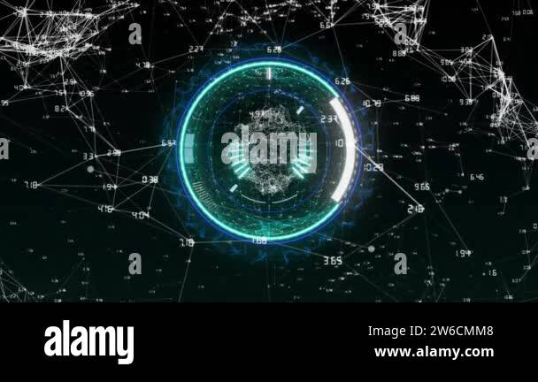 Animation of digital interface showing circular scope scanning 3d shape and network of ...