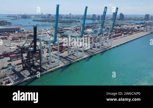 Industrial site of cargo dock with large cranes and containers. Port ...