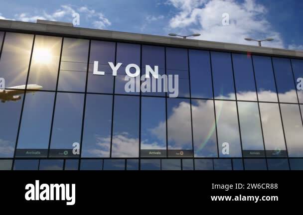 Jet aircraft landing at Lyon, France 3D rendering animation. Arrival in ...