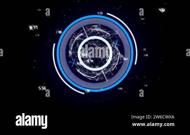 Animation of circular scope scanning 3d shape with data floating on black. communication ...