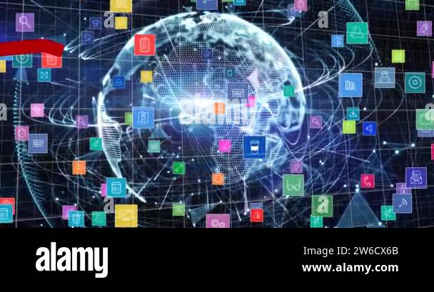 Animation of digital icons and data processing with red lines over ...
