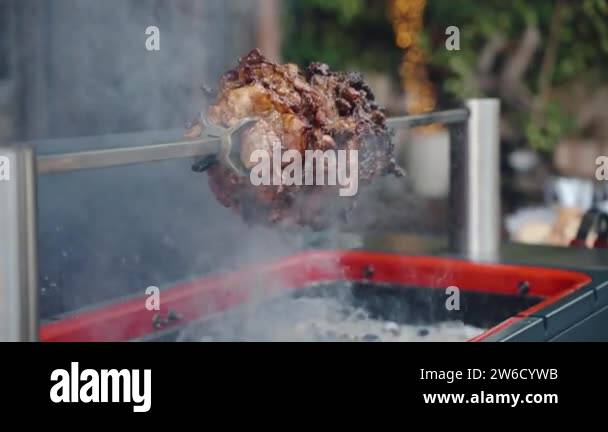 Professional barbecue smoker with metal skewer on weekend picnic party ...