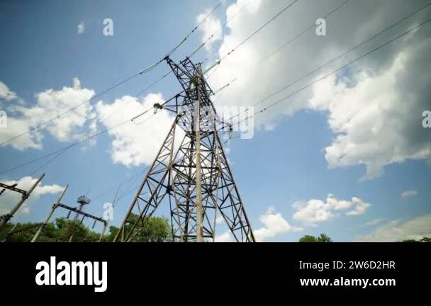 Transmission tower supporting high voltage overhead transmission line ...