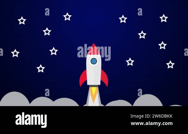 An animation of rocket fly at the sky with twinkle star and landing on ...