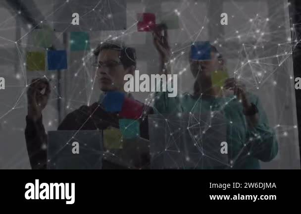 Animation of glowing communication network over male and female ...