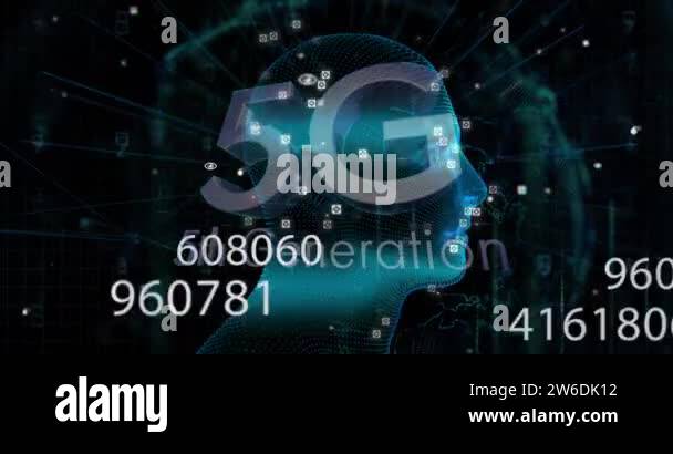 5g text and multiple changing numbers over human head model spinning ...