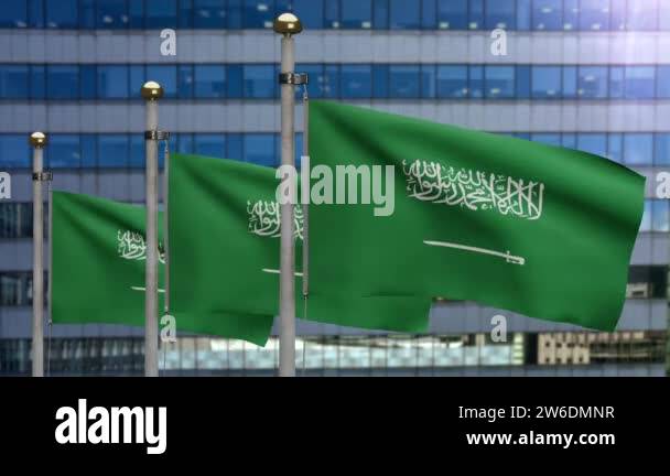 3D illustration Kingdom Saudi Arabia flag waving in a modern city ...