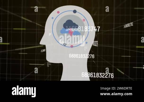 Multiple changing numbers over human head against grid network on black ...