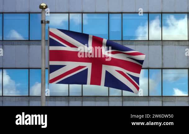 3D illustration United Kingdom flag waving in modern skyscraper city ...