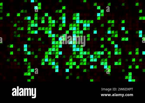 Motion abstract background with green pixels flashing and blinking on a black background ...
