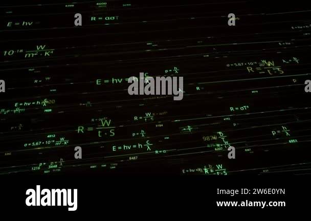 Formulas in physics in electronic form. Animation. Computer network with many formulas in ...