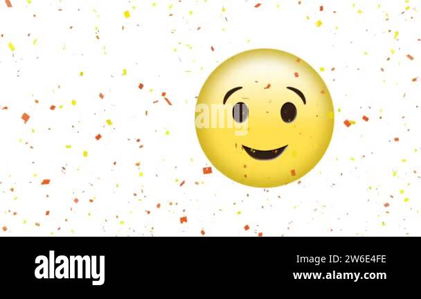 Animation of red and yellow confetti falling over smiling and winking ...
