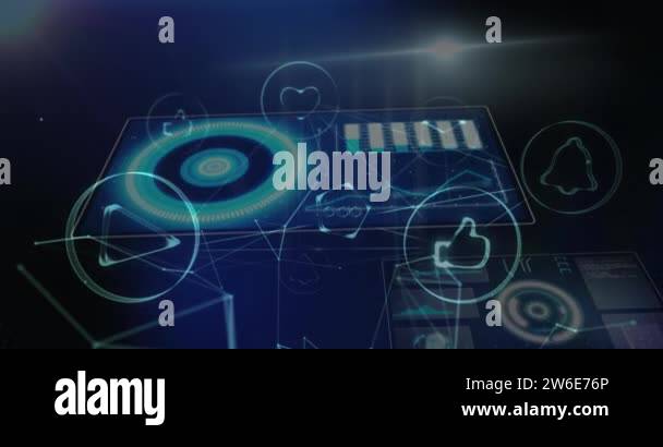 Animation of icons and scopes scanning over digital screen. global connections, data processing ...