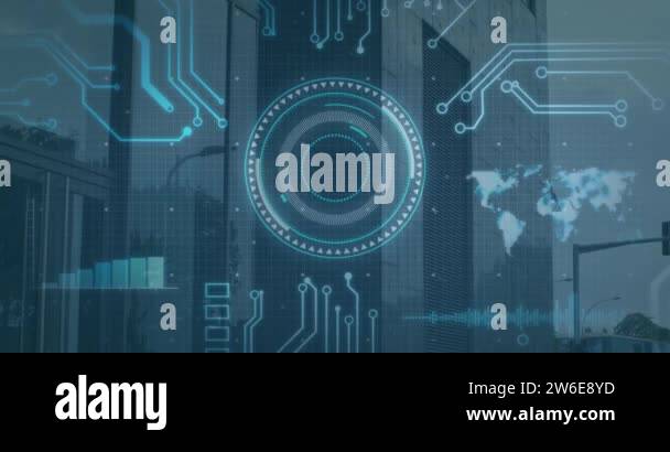Animation Of Scope Scanning And Data Processing Over World Map And Processor Elements Global