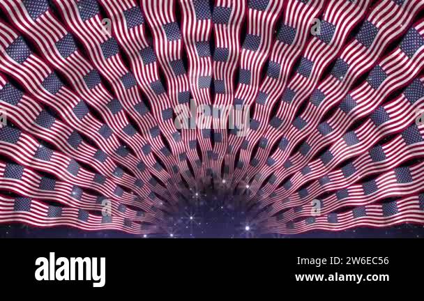 American background. Ribbons of waving country flags. Syvolic arch with ...