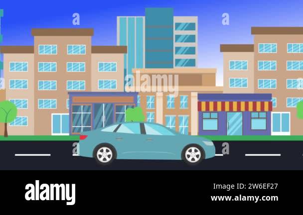 car driving rides around city side view, loop animation, flat design ...