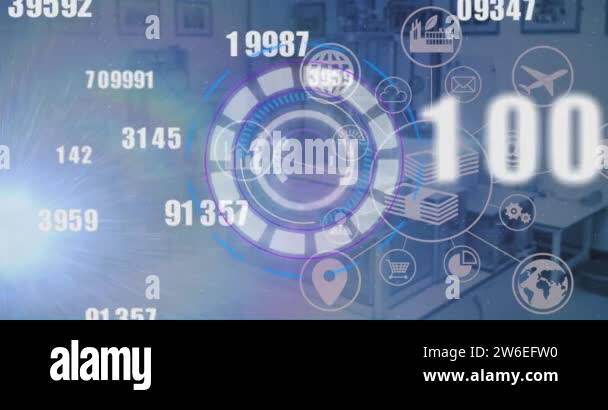 Animation of digital interface with moving numbers a circular scope and a network of connected ...