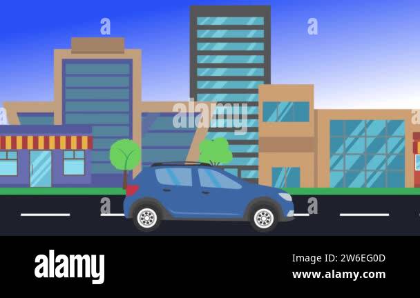 car driving rides around city side view, loop animation, flat design ...
