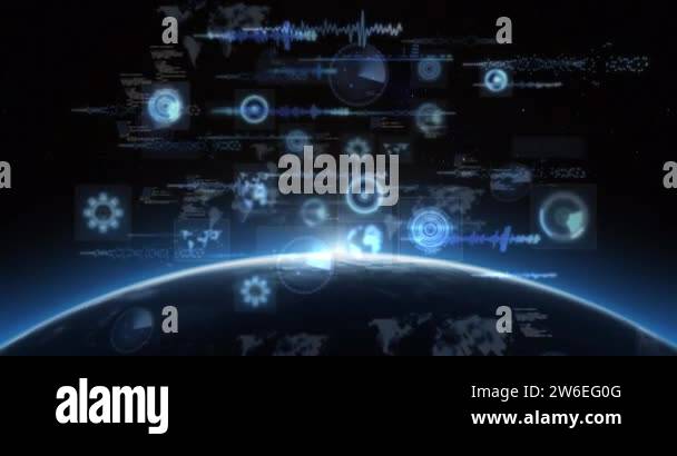 Animation of scopes scanning, world map, data processing on screens over globe with glowing ...