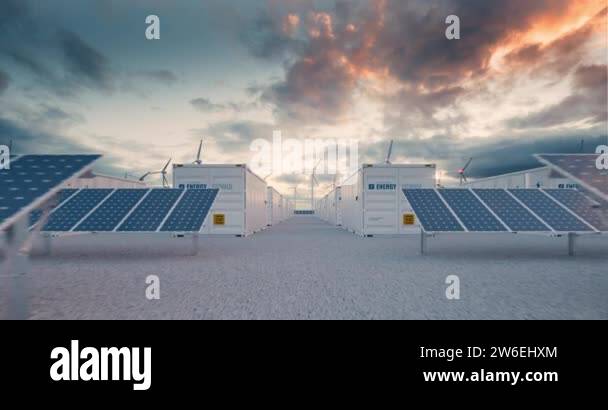 Battery storage power station accompanied by solar and wind turbine ...