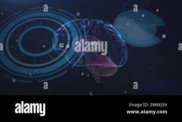Animation of scopes scanning and human brain spinning with flickering ...