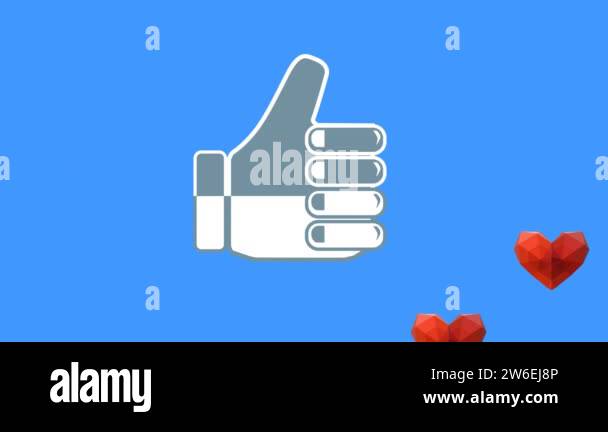 Digital animation of thumbs up icon against multiple hearts floating ...