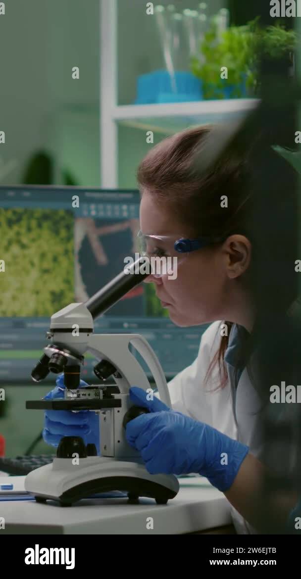 Vertical video: Pharmaceutical scientist looking at green leaf sample ...