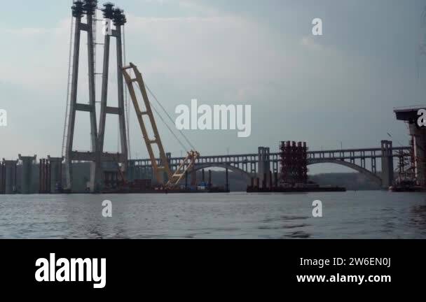 Construction of a cable-stayed bridge in Zaporozhye, Ukraine. Large ...