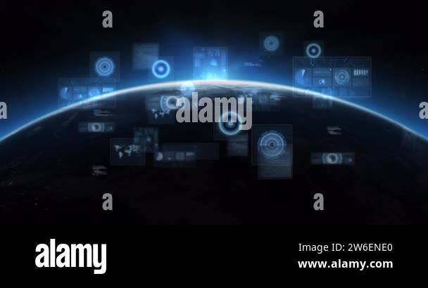 Animation of scopes scanning and data processing on screens over globe with glowing horizon ...