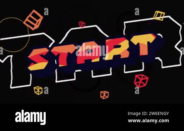 Digital animation of retro style start text and abstract neon shapes ...