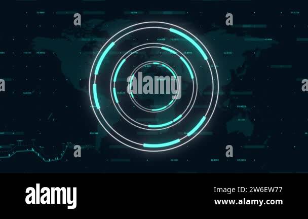 Animation of circular scope scanning over world map and data on black. communication technology ...