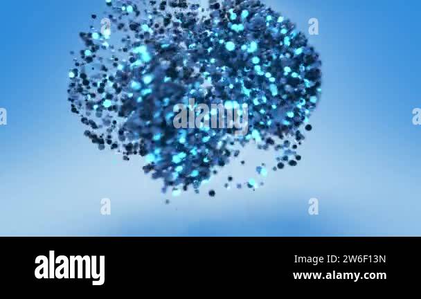 Dynamics of abstract blue glowing particle spheres. A large sphere attracts small. Scientific ...