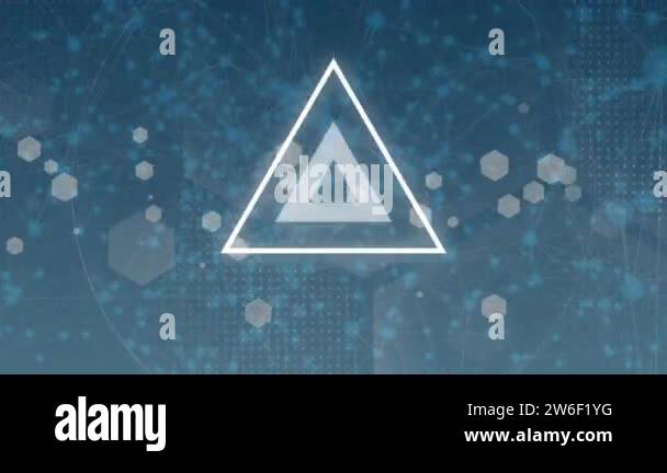 Animation of scope scanning and triangles over network of glowing spots on blue background ...