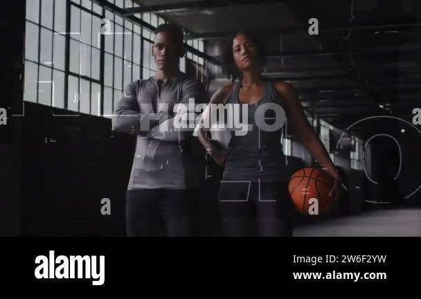 Animation of word hello over man and woman standing and holding ...