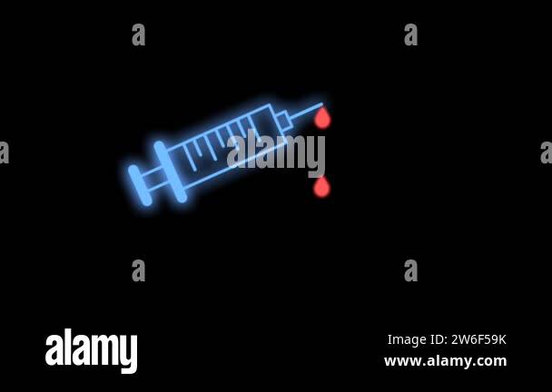 Blue neon enjection icon isolated on black background with red blood ...