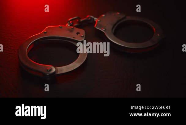 Pair of handcuffs used by law enforcement to arrest criminals, lit in ...