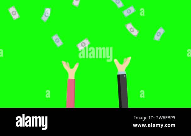 Cartoon 4K animation of falling money and hands of people trying to ...